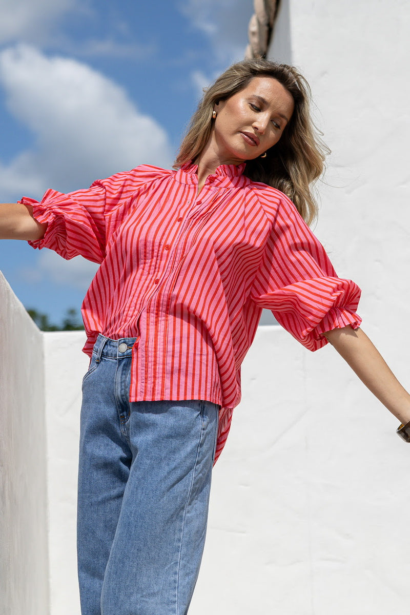 Front Pleated Sorrento Shirt - Pink Red Stripe – Harlos